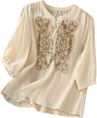 Generic Chemisier brod&eacute; en dentelle boh&egrave;me pour femme - Style boh&egrave;me r&eacute;tro - Tunique florale - Printemps hippie &agrave; volants sur le devant - Pour femme &acirc;g&eacute;e - Co