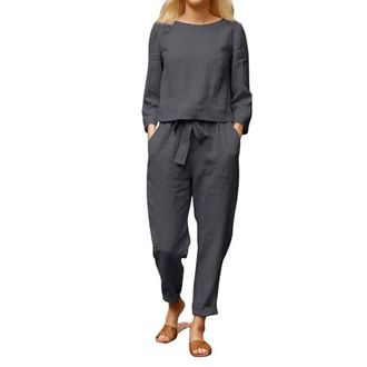 Generic Ensemble deux pi&egrave;ces assorti en coton et lin pour femme, haut d&eacute;contract&eacute; &agrave; manches courtes, pantalon fusel&eacute;, v&ecirc;tements de plage, v&ecirc;tements d&eacute;contract