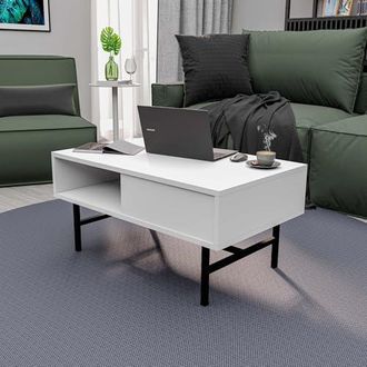 Hanah Home Modern White Coffee Table, 90 x 54 x 39.6 cm | 100% Melamine Coated Chipboard & Metal | Stylish Design for Living Room & Home Decor