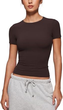 CRZ YOGA Softembrace Hauts D&eacute;contract&eacute;s &agrave; Manches Courtes et Col Ras du Cou pour Femmes Brun au Fudge Chaud 40