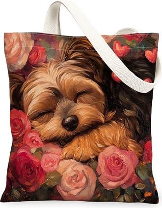 Generic Yorkies Sac fourre-tout en toile pour le shopping Motif roses romantiques 33 x 38 cm, sac d&eacute;picerie r&eacute;utilisable pour femme, animal de compagnie, moti