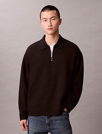 Calvin Klein Lang&auml;rmeliges Poloshirt Aus Knitter-krepp Mit Viertelrei&szlig;verschluss - Black - Herren - L