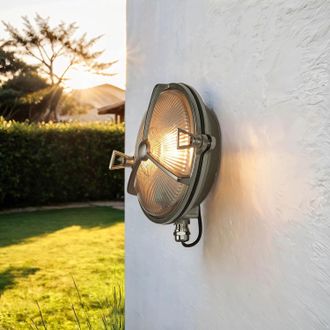 Licht-Erlebnisse Maritime Wandleuchte KARPAHTOS Nickel Echt-Messing Riffelgas rund IP64 Schiffslampe Au&szlig;enleuchte