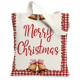 Generic Sacs fourre-tout en toile de vacances, sacs de courses r&eacute;utilisables, motif cloche festive, sac &agrave; provisions rustique, l&eacute;ger et lavable avec bandouli&egrave;