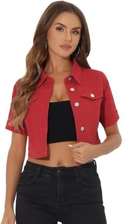 Allegra K Veste Jean Femme Rétro Blouson Denim Courte Boutonnage Col Revers & Taille Cintrée Manches Courtes Style Vintage Décontracté Bourgogne XS