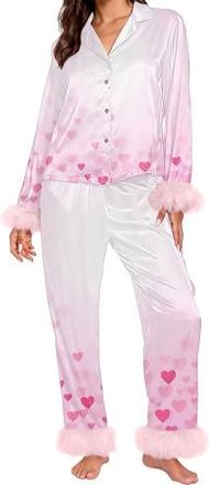Generic Ensemble de pyjama 2 pi&egrave;ces en satin de soie pour femme avec bordure en plumes, chemise boutonn&eacute;e, pantalon de d&eacute;tente, ensemble de pyjama 2 pi&egrave;ces av