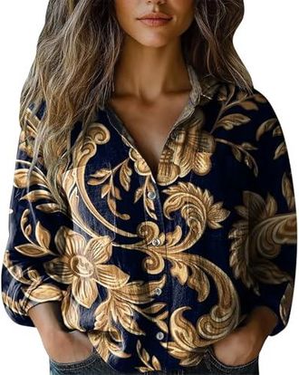 Generic Chemisier &agrave; manches longues pour femme - Col en V - Boutonn&eacute; - Style vintage - Chemise florale - Motif floral - Chemisier &agrave; manches longues - Chemisie