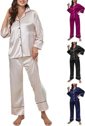 Generic Pyjama dhiver en satin pour femme - Combinaison dint&eacute;rieur en coton sans capuche - Pyjama long en coton - Ensemble de pyjama deux pi&egrave;ces - Ensemble de