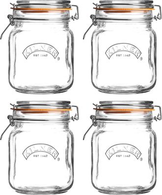 Rayware Kilner Einmachglas mit B?gelverschluss, quadratisch, ideal zur Aufbewahrung von Lebensmitteln, 1 Liter, transparent/transparent, 4 St?ck (4 St?ck)
