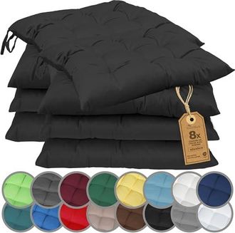 NatureMark Lot de 8 Galettes de Chaises avec Rubans 40x40 cm - Coussin de Chaise &Eacute;pais pour Int&eacute;rieur & Jardin - Couleur Noir