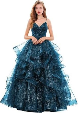 Generic Robe de bal en tulle pailleté avec col en V et bretelles spaghetti, robe de demoiselle dhonneur, robe de soirée formelle longue à étages, paon, 54 Gra