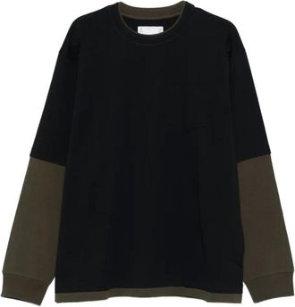 sacai Homme, Tops, Noir, Taille: M T-shirt &agrave; Manches Longues et Col Rond avec Poche Poitrine