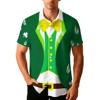 Generic Chemise &agrave; manches courtes pour homme - Imprim&eacute; tr&egrave;fle vert amusant - Chemise de c&eacute;l&eacute;bration l&eacute;g&egrave;re et respirante - Haut d&eacute;t&eacute; boutonn&eacute; - Coupe d&eacute;contra