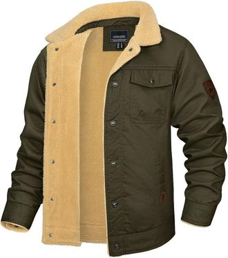 KEFITEVD Herren Reverskragen Dicke Jacke Fleece Gef&uuml;tterte Jacke Klassische Baumwoll Jacken Winter Milit&auml;rm&auml;ntel Thermische Winter M&auml;ntel Armee Gr&uuml;n