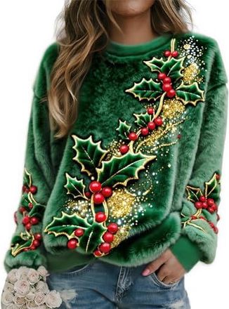 Generic Sweat-shirt de No&euml;l en flanelle avec imprim&eacute; chat pour femme, style d&eacute;contract&eacute;, &eacute;l&eacute;gant, doux et chaud, pull de No&euml;l fantaisie &agrave; col rond, haut de va