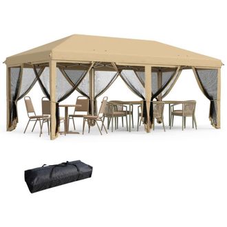 OUTSUNNY Tonnelle barnum pliant style colonial dim. 5,85L x 2,95l x 2,7H m 6 moustiquaires sac de transport beige noir