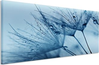 Paul Sinus Art Sinus Art 150x50cm Wandbild - Farbe Blau Petrol Panoramabild Wandbild auf echter Leinwand in sehr hoher Qualit&auml;t - Makroaufnahme L&ouml;wenzahn Wassertropf
