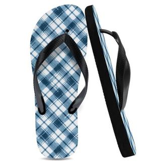 Generic Tongs unisexes pour femme, pantoufles de salle de bain, sandales d&eacute;t&eacute; l&eacute;g&egrave;res pour la piscine, cadeaux pour hommes et mamans, Motif losanges Bleu/blan