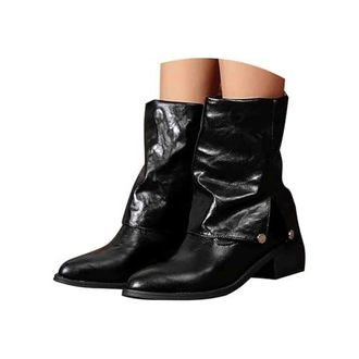 Generic Bottes pliantes pour femme, bottes courtes et souples &agrave; bout pointu &agrave; enfiler pour &eacute;quitation, bottes de motard pliables, mi-mollet, grosses talons ba
