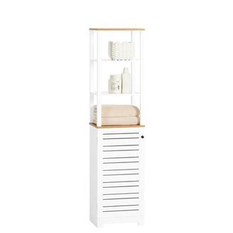 SoBuy Meuble Colonne Salle de Bain Étroit avec Étagères Ouvertes et Porte à Lames - Armoire de Rangement Haut pour Salle de Bain, WC, Cuisine ou Buanderie, 