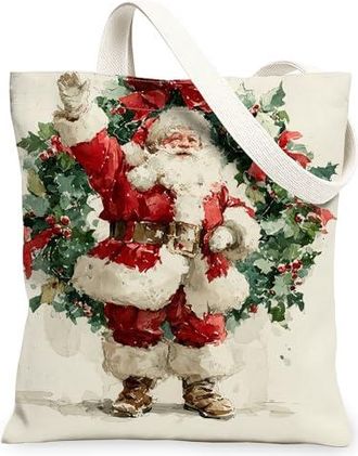 Generic Sacs fourre-tout en toile motif P&egrave;re No&euml;l, sacs de courses r&eacute;utilisables, l&eacute;gers et lavables, Rouge, 13x15 Inch