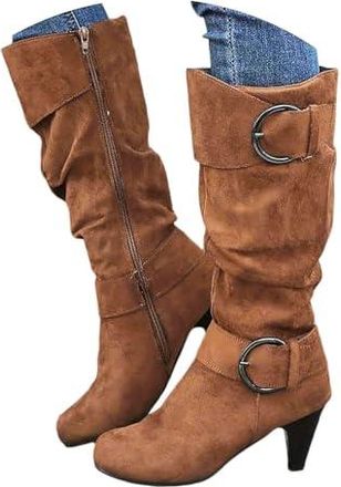 Generic Bottes montantes pour femme, bottes à talon chaton, bottes rétro en faux daim, talon aiguille, fermeture éclair latérale, longueur mollet, bottes déco