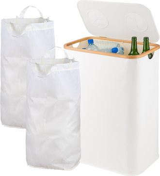 Relaxdays Pfandflaschen Sammelbehälter, 140 L, bis 60 Flaschen, 2 Innenbeutel, Flaschensammler für Glas & Plastik, weiß