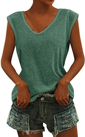 Generic Chemisier &agrave; manches courtes et col en V pour femme - Sans manches - Style d&eacute;contract&eacute; - D&eacute;bardeurs de printemps basiques 2025 - Coupe ample - Solide -