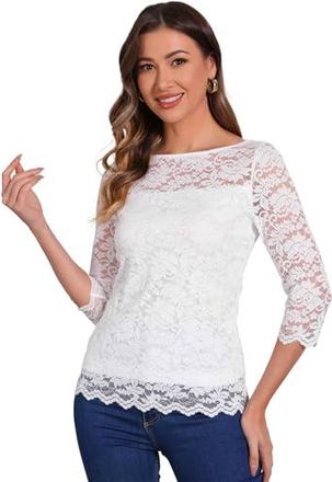 Allegra K Haut en Dentelle Florale Femme Manches 3/4 Col Rond Chemisier Décontracté Élégant Blouse en Dentelle Blanc XL