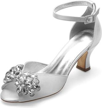 Generic Satin Chaussures De Mariage Femme Bout Ouvert Mariée Hauts Talons Sandales Talons Bas Chaussures De Mariee Bal 6.5Cm,Argent,37 EU