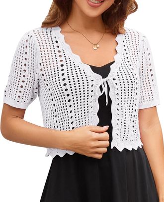 Kate Kasin Kurze Strickjacke f&uuml;r Damen V-Ausschnitt Strickjacke mit ausgeh&ouml;hltem Pullover f&uuml;r Damen Strickpullover l&auml;ssige Schulterjacke Reinwei&szlig; S