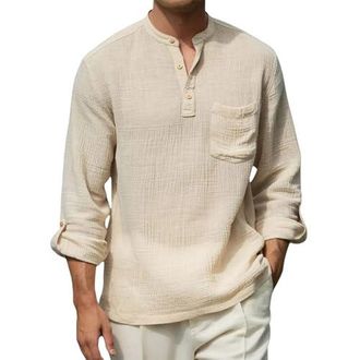 Generic Chemise en lin &agrave; manches longues pour homme Coupe ajust&eacute;e : chemise d&eacute;t&eacute; avec 1/4 bouton Down Chemise de plage avec poche de poitrine Chemise &agrave; manche