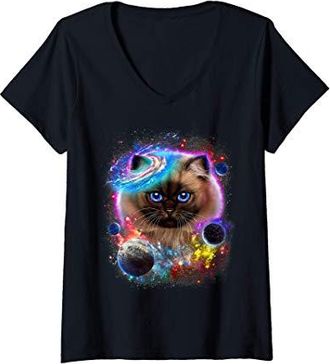Fox Republic Design Femme Chat siamois dans lespace avec galaxie et cosmos T-Shirt avec Col en V