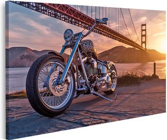 Islandburner Bild auf Leinwand Motorrad bei Sonnenuntergang vor Brücke für Wohnzimmer Motorradliebhaber Motorradwerkstatt Bilder Wandbilder Poster