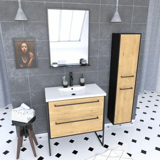 Aurlane Aurlane - meuble salle de bains 80 cm, vasque blanche, miroir et colonne - ch&ecirc;ne et noir - structura