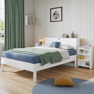 Merax Holzbett 140&times;200 cm, Doppelbett mit Lattenrost und Kopfteil, Jugendbett mit 2 ausziehbaren Nachttischen, Stauraumbett mit versteckter Aufbewahrung am 