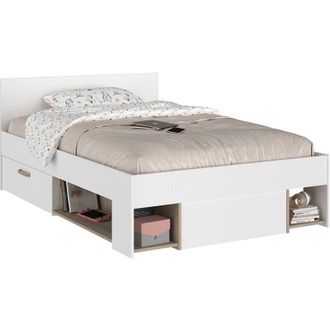 Vente-Unique Vente-unique - Lit 120 x 190/200 cm avec rangements - Blanc et naturel - kinselia