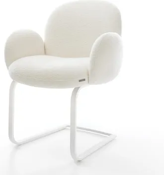 DELIFE Freischwinger Nube-Flex mit Armlehnen Boucl&eacute; Soft Beige Freischwinger flach Wei&szlig; Taschenfederkern, Esszimmerst&uuml;hle