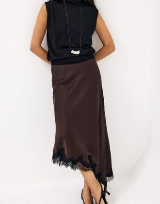 NA-KD jupe midi asym&eacute;trique en satin et dentelle marron