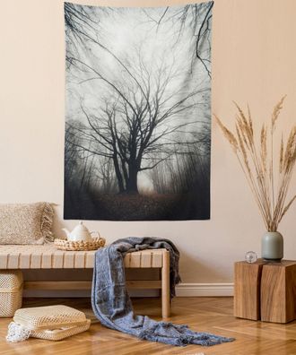 Abakuhaus Natur Wandteppich und Tagesdecke, Herbst-Baum im Nebel Dunkel, aus Weiches Mikrofaser Stoff Schmutz abweichender Digitaldruck, 110 x 150 cm, Grau