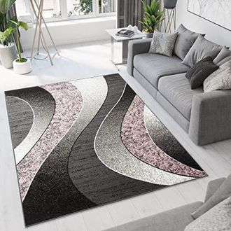 Tapiso Dream Tapis de Salon Chambre Salle &agrave; Manger Adulte Bureau Design Moderne Rose Gris Noir Abstrait Motif Ondes Vagues Poil Court Fin Doux L&eacute;ger R&eacute;sistan
