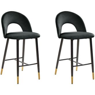 Beliani Barstuhl 2er Set Schwarz Samtstoff mit Schwarz-Goldenen Metallbeinen Fu&szlig;st&uuml;tze Glamour&ouml;ser Look Modern Esszimer Wohnzimmer K&uuml;che Sitzm&ouml;bel