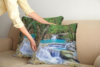 Abakuhaus Wasserfall Kissenbezug 2er-Pack, Feenhaftes Bild des Asiatischen Wasserfalls Felsen Im Waldgeheimnis, Kissenhülle mit Reißverschluss Beidseitiger Druc