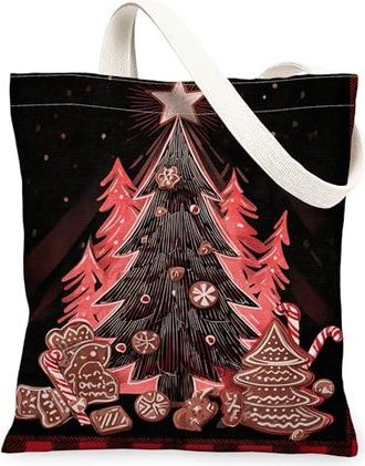 Generic Sacs fourre-tout en toile motif sapin de No&euml;l, sacs d&eacute;picerie r&eacute;utilisables, vintage, l&eacute;gers et lavables avec bandouli&egrave;re pour voyage, 33 x 38 cm