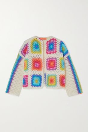 Rose Carmine Cardigan En Mohair Mélangé Crocheté - Blanc