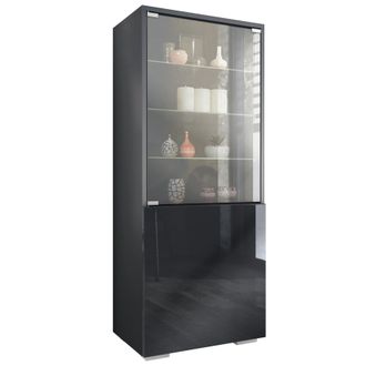 Vladon Vitrine Granada, Made in Germany, Vitrinenschrank mit Glast&uuml;r und Glaseinsatz, Anthrazit matt/Schwarz Hochglanz (50 x 122,5 x 34,5 cm)
