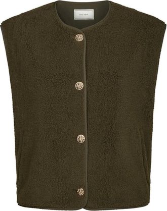 Neo Noir Femme, Vestes, Vert, Taille: 38 FR Gilet Teddy Army avec Boutons Dorés