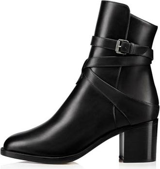 Generic Bottines Confortables &agrave; Talon Carr&eacute; &eacute;pais pour Femmes, Bottines Courtes &eacute;l&eacute;gantes &agrave; Boucle et Bout Rond, Chaussures Classiques &agrave; Talons mi-Hauts pour 