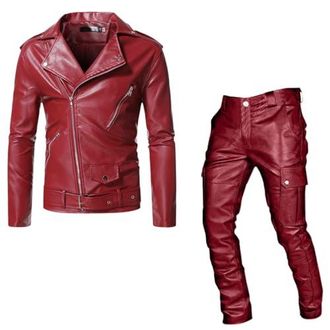 Generic Vestes en cuir synthétique pour homme, revers de moto asymétrique, fermeture éclair, coupe ajustée, manteau de motard 2025, veste et pantalon, vêtemen