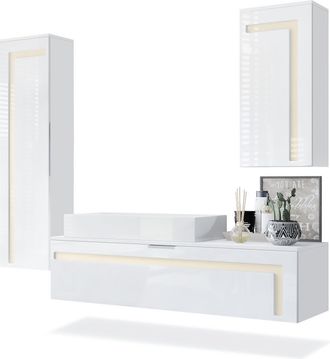 Vladon Badm&ouml;bel Komplettset Aloha, Made in Germany, Korpus in Wei&szlig; matt/Fronten in Wei&szlig; Hochglanz mit Absetzungen in Creme Hochglanz, mit Aufsatzwaschbecken